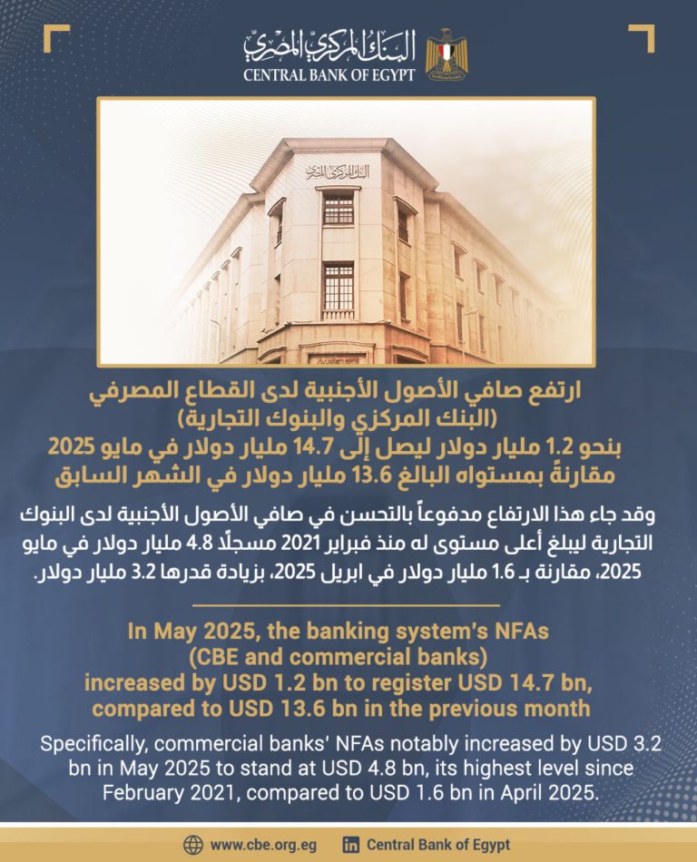Egypt’s banking system NFAs climb to $14.7b in May: CBE | Amwal Al Ghad